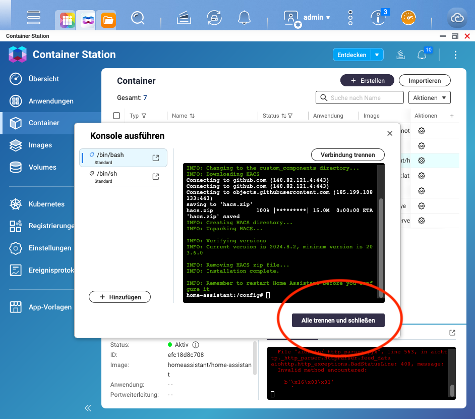 QNAP Docker Container Station Container Shell trennen
